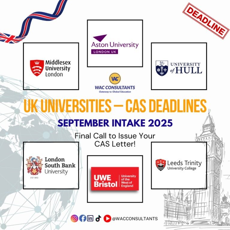 UK Universities – CAS Deadlines September Intake 2025
